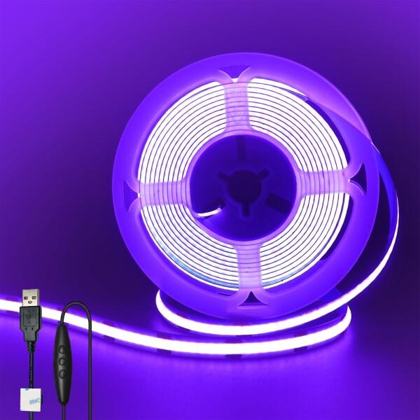 クリアヒル（Clearhill）5V COB LEDストリップライト 調光可能 2M パープル 幅8mm 320LEDs/M、8W/M、高密度CRI90 強力な光 両面テープ変形可能 切断可能 非防水IP20 電源コードスイッチ、5段調光、...