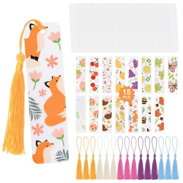 HICOHAND アクリルブックマークブランク, 15 PCS 透明アクリル クラフトブックマーク 花と転写ステッカー カラフルなタッセル 透明長方形クラフトブックマーク DIY ブックマークキット クラフト用商品コード：490795423...