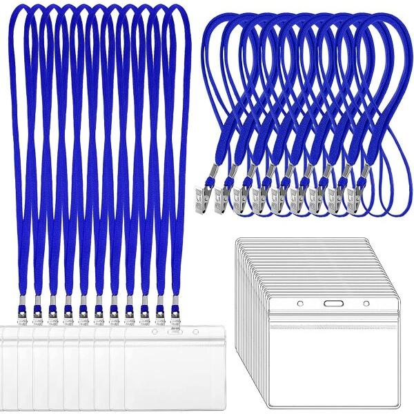 LEADINTOP ネームホルダー 100枚 名札ケース ネックストラップ 吊り下げ名札 イベント スタッフ パス 名刺 ID カードホルダー 社員証 ケース 入れ 首下げ 展示会 透明 防水 セット 横型 (ネイビー 100枚)商品コード...