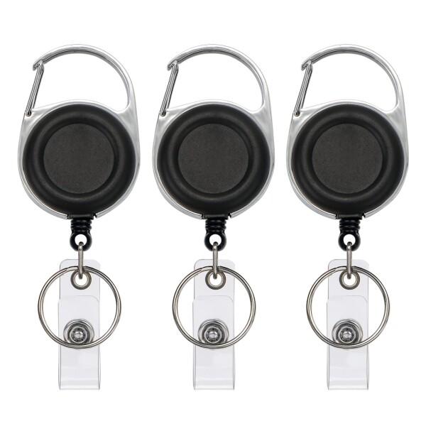 YOVOY 吊り下げ名札用リール リールクリップ リールストラップ 伸びる キーホルダー リール式 頑丈 リコイルリング カラビナ・クリップ付き 定期入れ・パスケース用 伸縮ストラップ 最長63cm IDカードホルダー用 黒 (3)商品コー...