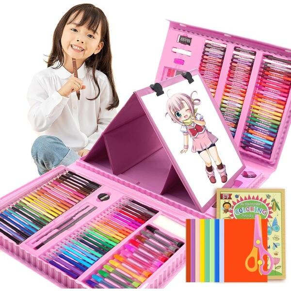 【発売日：2024年12月10日】Okiki お絵描きセット208ピース お絵かきセット 両面イーゼル付き 塗り絵 知育教育 2歳 3歳 4歳 5歳 6歳 7歳 小学生 低学年 女の子 男の子 プレゼント 絵の具 絵画 文房具 子供ギフト ...