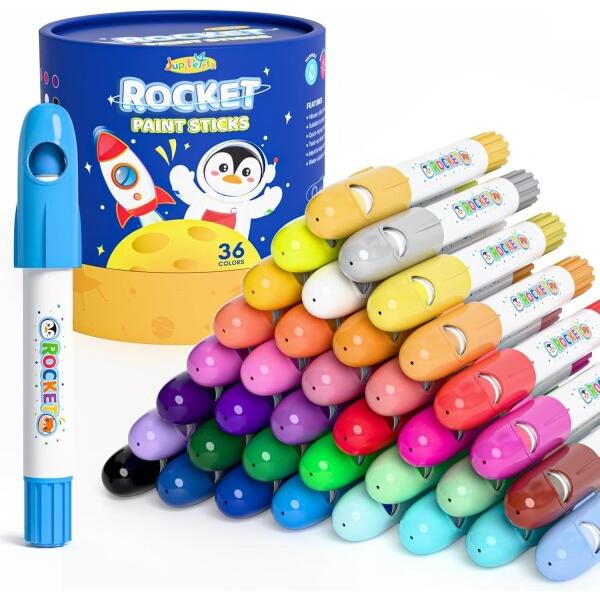 JUPITEARTH テンペラクレヨン ロケット型 36色 パステルカラー テンペラペイントスティック 繰り出し式 持ちやすい 手汚れない 折れにくい 安全 無毒 水で落とせる 塗り絵 落書き お絵描き 絵の具 セット 小学生 赤ちゃん 幼...