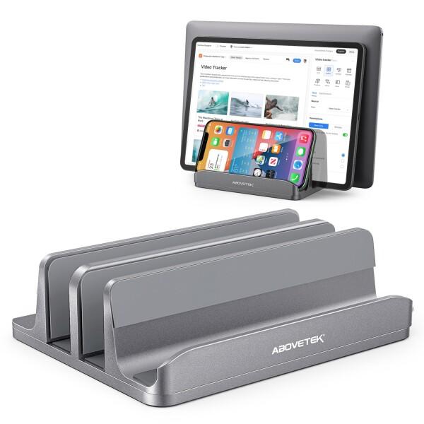 ノートパソコンスタンド | グレー | 縦置き3台収納 | AboveTEK | ホルダー | ノートpcスタンド | 幅調整可能 | ノートパソコン台 | アルミ合金 | MacBook/ipad/phone/タブレット対応（最大17.3...