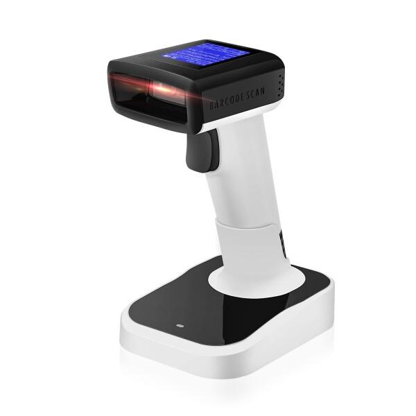 JRHC 1D 2D QRバーコードリーダー、充電ベース付きスクリーンディスプレイ、2 in 1、2.4GHzワイヤレスおよび有線接続と互換性あり、1.8インチTFTカラーLCDスクリーンハンドヘルド、USBバーコードスキャナー商品コード：...