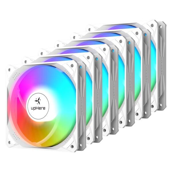 upHere ARGB 120mm PCケースファン 6PINコネクタ静音 高性能 5V 3PIN ARGBマザーボードAURA Sync同期 ファンハブ+リモート付 6本1セット 白い枠と白いブレード…商品コード：49079577979型...