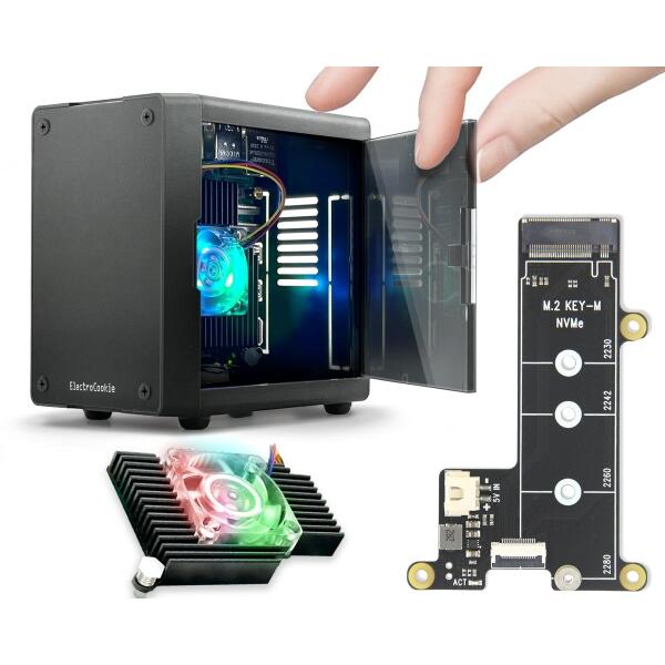 ElectroCookie Mini PCケース Raspberry Pi 5用 M.2 NVMe SSD PCIe HAT &amp; Active RGB ライティングクーラー (ブラックケース + M.2 HAT (X1001))商品...