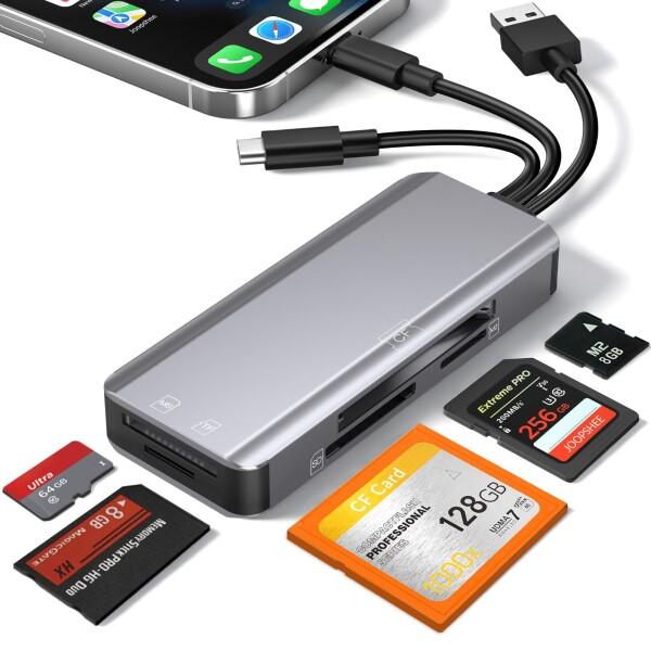 5-in-1マルチメモリカードリーダー、アルミニウム製 SD/TF/CF/MS/M2/Cfast/メモリースティックプロデュオ/マイクロSDカードリーダーアダプター Phone/Pad USB CおよびUSB Aデバイス対応、アプリ不要のプ...