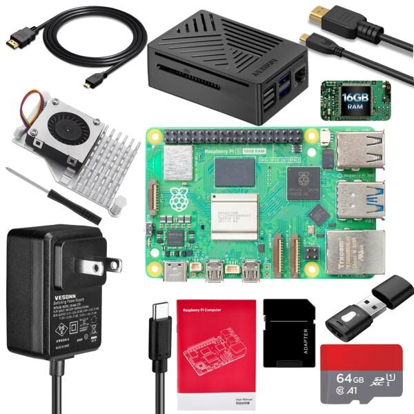 Vesonn Raspberry Pi5 16GBキット技適済 ラズベリーパイ5 16GBボード/27W GaN電源/64GBカード/アクティブクーラー/ドライバー/カードリーダー/Micro HDoutケーブル/説明書 ラズパイ5 16g...