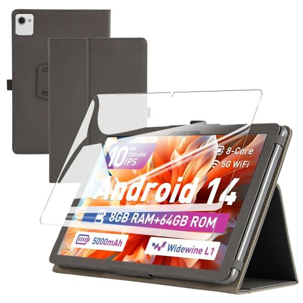 For Laowei C10/HiGrace C10 ケース フィルム セット Laowei タブレット 10インチ 保護ケース ガラスフィルム 軽量 カバー 角度調整 上質PU製 全方位カバー 耐衝撃 +保護フィルム1枚商品コード：490...