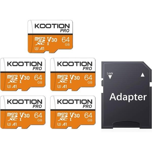 KOOTION microSD カード 64GB 5個セット TFカード SDアダプター付 Class10 UHS-Iメモリカード SDXC マイクロSDカード U3,A1,V30超高速転送スマートフォン ドライブレコーダー デジカメ ター...