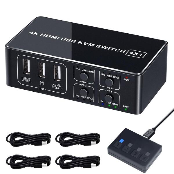 KVMスイッチ 4K60Hz HDMI USB 切替器 PC4台用 4入力1出力 アルミ制 モニター/キーボード/マウス/プリンタを共有 リモート切り替えボダン USBケーブル付き 職場 テレワーク向け EHD-0610N商品コード：490...