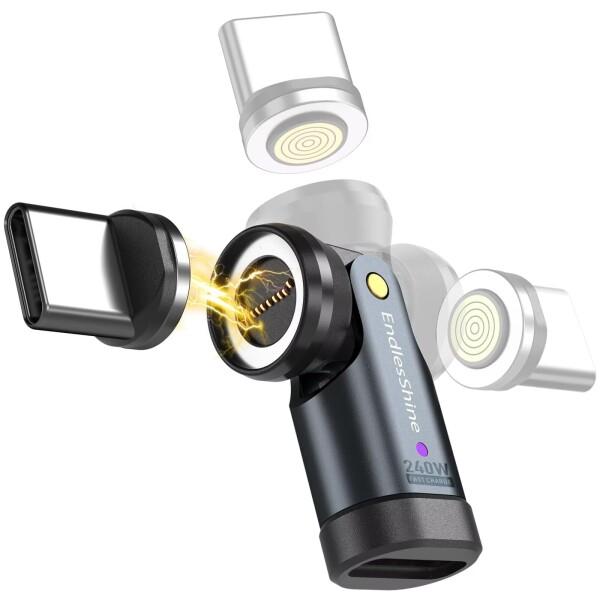 ENDLESSHINE TYPE C to TYPE C マグネット変換アダプタ USB-C 240W 9pins 普通Type-CケーブルをマグネットタイプＣケーブルに変換90/180/360度回転5A超急速充電USB2.0 480Mbp...