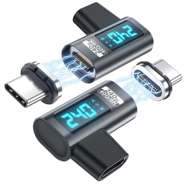 DuHeSin デジタルディスプレイ USB C 磁気アダプター 直角 PD240W 24ピン (2個パック) 電圧電流電力 LEDディスプレイ タイプC 電力メーターテスター 90度 USB4 40Gbps 8K 60Hz Thunder...