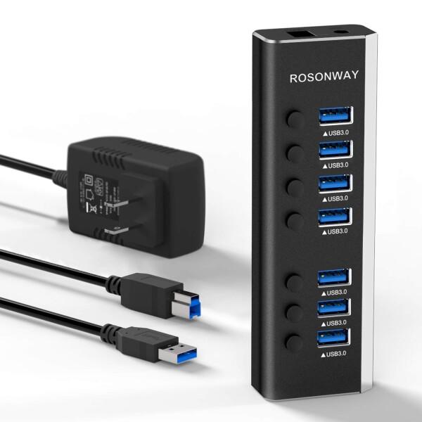 USBハブ 3.0 ROSONWAY アルミ製 7ポート USB3.0 Hub 24W電源付き バスパワーとセルフパワー両用 独立スイッチ 5Gbps高速転送、12V/2A ACアダプター(RSH-A37S)商品コード：4907959619...