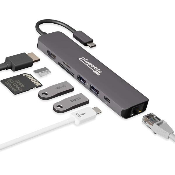 Plugable USB-C ハブ 7-in-1 USB-C 対応マルチアダプター イーサネット付（4K HDMI、USB 3.0 ポートx2、SD/microSD カードリーダー、92W 充電）商品コード：49079596215型番：US...