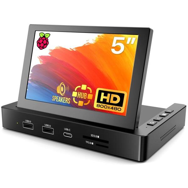 ROADOM 小型モニター 5インチミニモニター ラズベリーパイ ディスプレイ Raspberry Pi取り付け穴プレセット USB ハブ搭載、Type-C 1本接続 デュアルスピーカー内蔵 800×480 IPS画面 1920×1080互...