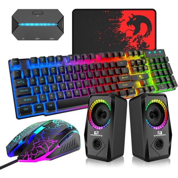 Mamba snakeゲーミングキーボードマウススピーカーコンバーターセット USBメンブレン式 有線 防水多機能マルチメディアキー 2400DPI調整なマウス 6つのボタン マウスパッド付き ゲーミングスピーカー RGBライト 有線 コン...