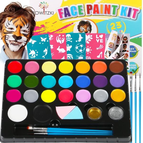 Bowitzki Face Painting Kit for Kids 23 Colors Water Based Face Paint Kit Non Toxic Professional with Stencils Brushes fo...