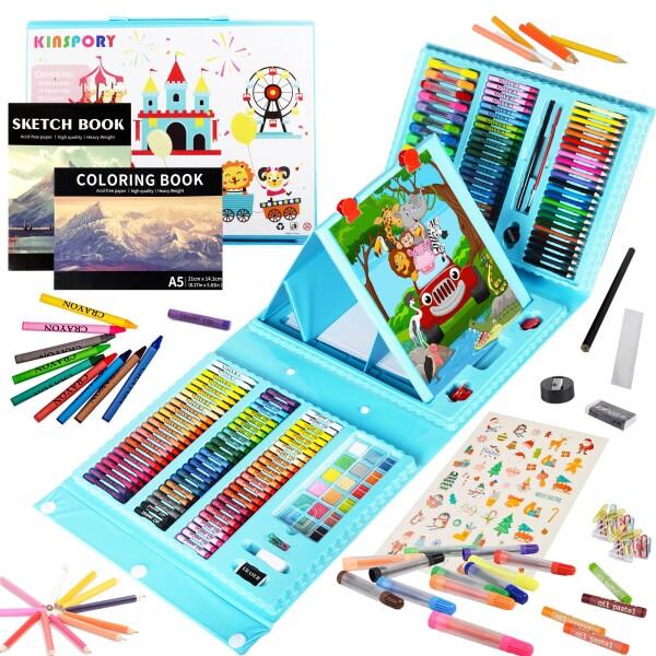 KINSPORY 290点 お絵描きセット 子供用 アートセット、両面イーゼル 水彩画 色鉛筆 絵の具 マーカー クレヨン セット、新進アーティスト向けの 学用品 画材 ケースギフトガールズボーイズキッズティーンズ 子供2人遊び用 (ブルー...