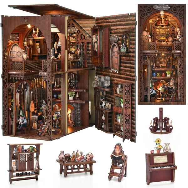 ブックヌックキット- DIY 3D 木製パズル ミニチュア ドールハウス 本棚 ブックエンド タッチ式LEDライト付き「陽気なドワーフの家」商品コード：49081118771型番：KT01サイズ：23cmカラー：Dwarfs's House...