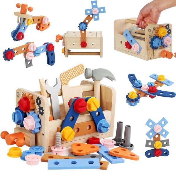 AOMACO 木製 工具セット 知育玩具 大工さんごっこおもちゃ 持ち運びできるツールボックス 作業台に変身可能 組み立て遊び 叩く ねじる 想像力 創造力UP 誕生日 クリスマス プレゼント 男の子 女の子 誕生日 クリスマス プレゼント...