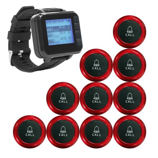 呼び出しベル 飲食店 業務用 腕時計型受信機 レストラン用ポケットベル（受信機1台＋送信機10台）日本語説明書付き カフェ 居酒屋 クリニック 旅館 ホテル AVIOS スタッフ アヴィオス 電波法適合商品コード：49081119690型番...