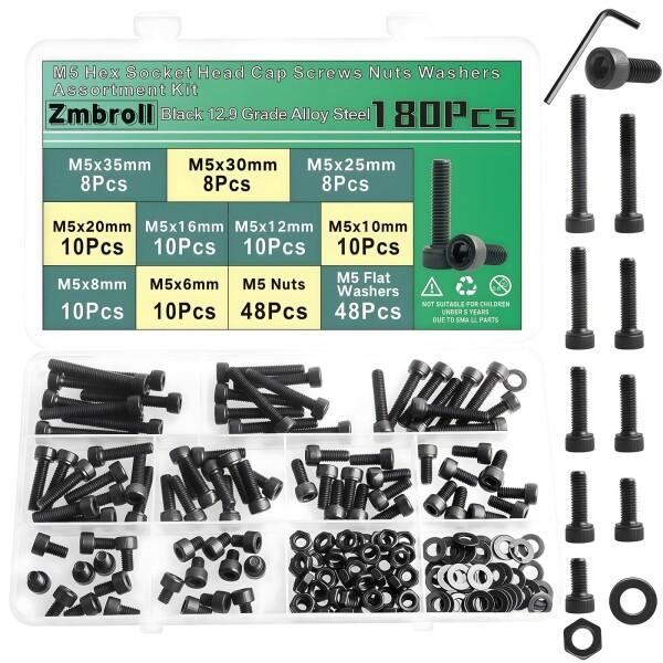 Zmbroll ブラック M5 六角穴付きヘッドキャップネジ 180個 メートル法小ネジ M5x6/8/10/12/16/20/25/30/35mm 12.9グレード 合金鋼 全ねじファスナー ボルト ナット ワッシャーキット 六角レンチ付...