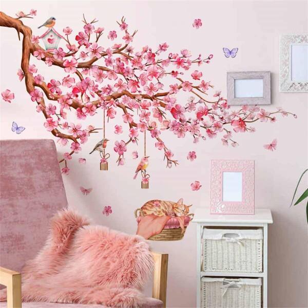 Hikosiya ウォールステッカー ピンクの花 猫 蝶 桜 壁紙シール 鳥かご 鳥 花びら インテリア 幼稚園 保育園 子供部屋 おしゃれ ステッカー DIY ウォールペーパー 剥がせる PVC素材 生活防水 玄関 リビング ベッドルーム...