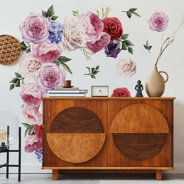 Mestiker ウォールステッカー ピンク 花 紫色 花 ぼたん 花 絵画風 wall sticker decoration 植物 夏 花 蝶 鳥 diy ウォールステッカー 壁紙シール はがせる おしゃれ 北欧 モダンアート ポスター ...