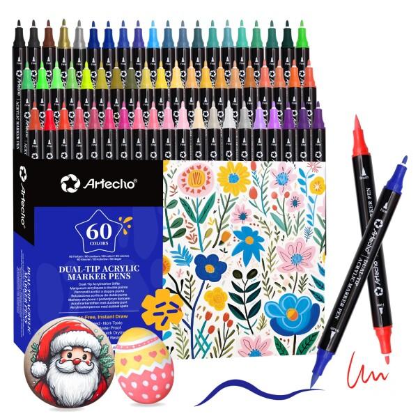 Artecho アクリルペイントマーカー 60色 アクリルペイントペン 筆先と細い先端付き 石、岩絵、紙、カボチャ、木、卵、キャンバス、セラミック、布、革、ガラス、DIYクラフト用商品コード：49081125778型番：ATO-SM6009...