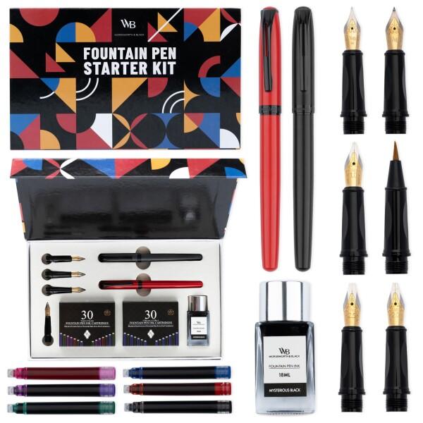 Wordsworth and Black 万年筆セット - ブラック - 2本のペン、18mlインクボトル、60個のインクカートリッジ、インクリフィルコンバーター、1本のミディアムペン先、4本の太字ペン先、ブラシペン - 初心者向け万年筆セ...