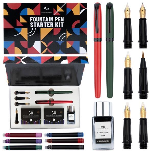Wordsworth and Black 万年筆セット - グリーン - 2本のペン、18mlインクボトル、60個のインクカートリッジ、インクリフィルコンバーター、1本のミディアムペン先、4本の太字ペン先、ブラシペン - 初心者向け万年筆セ...
