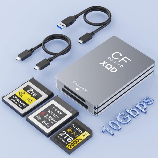 CFexpress Type B &amp; XQD &amp; SD カードリーダ 3 in 1、デュアルスロットUSB3.2 10Gbps 高速転送 CFexpress Type B cfカードリーダー アルミニウム タイプ cfカード...
