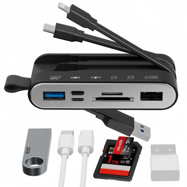 SDカードリーダー 6in3 i-Phone/Type-c/USB 三線一体型多機能カードリーダー USB/SD/TFカード 変換アダプタ 0TG機能 写真/ビデオ/資料 双方向高速転送 急速充電 設定不要 i-Phone/Android/...