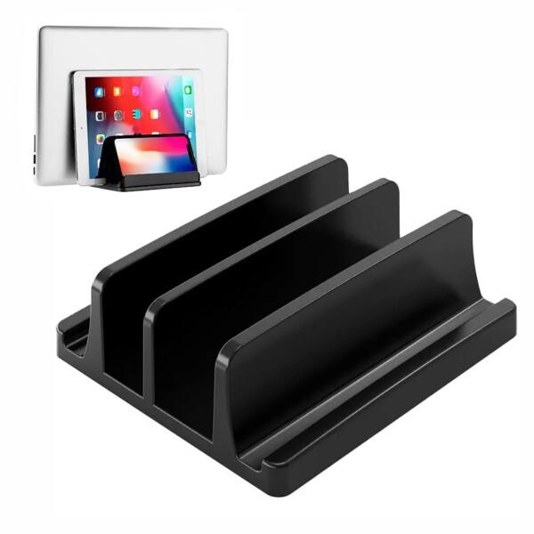 ノートPC スタンド 縦置き パソコンスタンド 4台 タブレット 収納 可能 ABS 素材 省スペース デスク 整理 ブラック スリム 薄型 自立 式 二段 構え オフィス 在宅 ワーク デュアル オープニング商品コード：490811293...