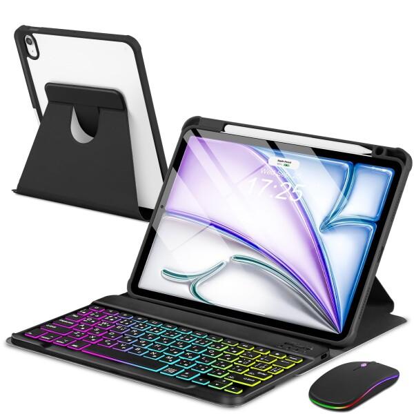 EAMPANG JIS日本語配列 iPad Air 11インチ M3 2025/M2 2024/Air 10.9インチ第6/5/4世代マウスとキーボードケース, 7色レインボーバックライト Type-C充電 脱着式 スマート 多機能 ワイヤ...