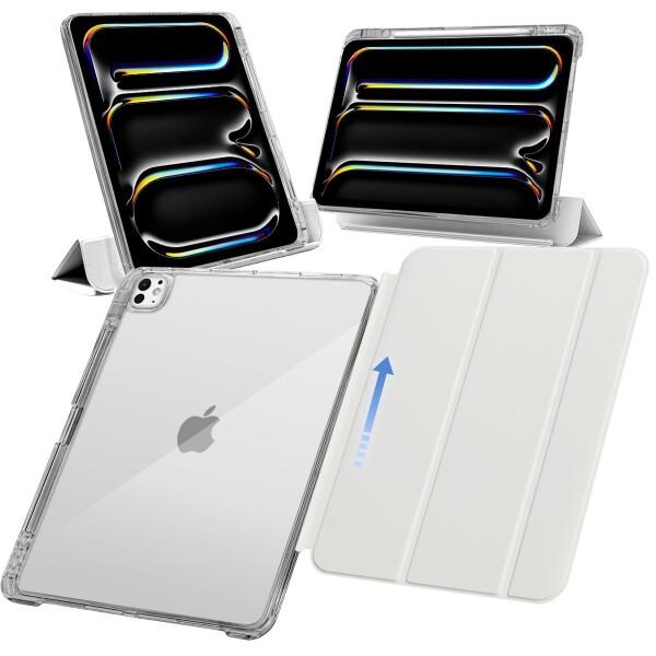 MS factory iPad Pro 13インチ ケース M5 M4 (2025/2024) 用 ペン収納 取り外し可能 軽量 耐衝撃 カバー 縦置き/横置きスタンド Pro 13 ケース ソフトフレーム 背面透明 ホワイトグレー IPD...