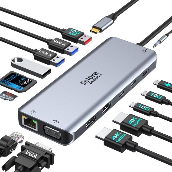 Selore USB C ドッキングステーション hdmi 2つ type-c usb ハブトリプルディスプレイ対応 10Gbps データ転送 100W PD急速充電 デュアル 4K HDM/VGA/USB A/USB C ポート/RJ-4...