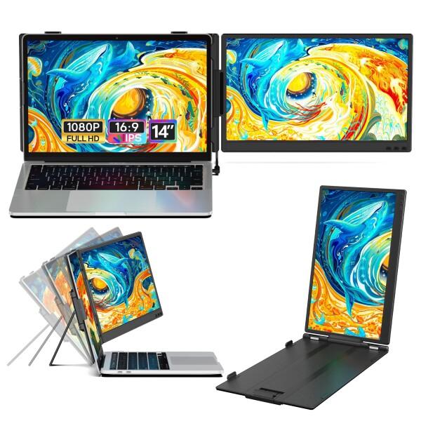 ノートパソコン用モニター 14インチ 2画面 デュアルディスプレイ FHD1080P IPS液晶パネル ダブルディスプレイ 携帯モニター 13-17.3インチパソコン用 軽量 USB-C/HDMI接続 Windows/Mac/Chromeに...