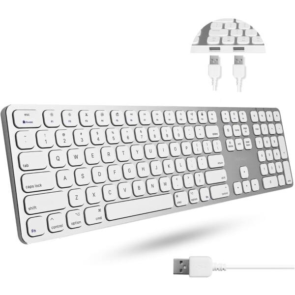 MACALLY プレミアム有線 Mac キーボード (テンキーと 2 ポートハブ付き)- 互換性ある 有線 Mac Mini/Pro、iMac、MacBook Pro/Air対応 (シルバーアルミニウム)(MLUXKEYA)US配列(英語配...