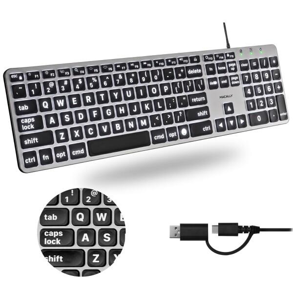 MACALLY 有線キーボード Mac用 (USB C + A) - 大文字プリント、バックライト付きAppleキーボード 有線 - 107キー フルサイズ 大文字 USB C MacBook Pro/Air、Mac Mini、iMac用 ...