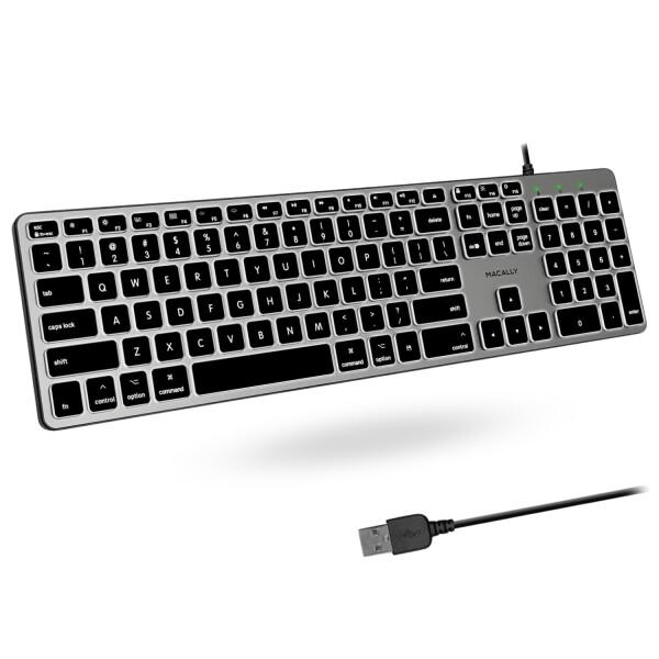 MACALLY バックライト付きMacキーボード 有線 - 静かでスマートで機能的 - ホワイトLED 3つの明るさレベル 107キー 16のショートカット - 5フィート USBケーブル (BLSLIMKEYPROSG)US配列(英語配列...