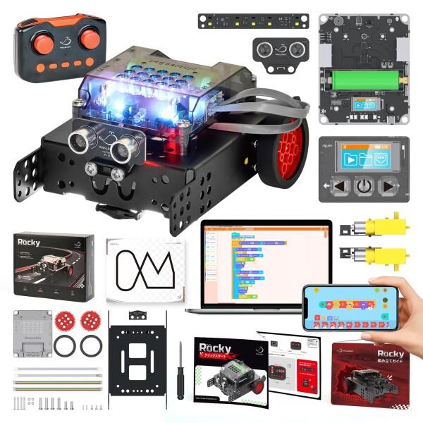 WhalesBot Rocky プログラミングロボット おもちゃ 8歳以上の子供向け 組み立て Scratch/Python/C コーディング STEM教育 知育玩具 リモコン付属 初心者向け 電子工学 勉強 工作キット センサー 専用無料...