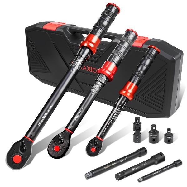 DURAXIONトルクレンチ セットプレセット型 9点組 レッド 差込角 3/8 9.5mm 5-60N.m,1/2 12.7mm 20-220N.m,1/4 6.35 mm 1-25N.m 自転車 バイク 車 ロードバイク 高精度 正向±...