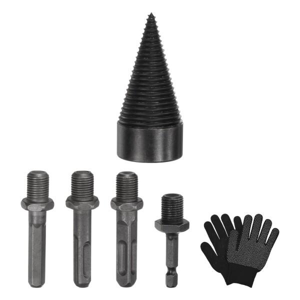 M METERXITY 1パック ウッドスプリッタードリルビット42mm + 4つ ハンドル（スクエア+ラウンド+六角シャンク+小さな六角）ファイヤーウッドログスプリッタードリルビット 手袋付き 屋外/ストーブ/農場用(黒+グレー)商品コー...