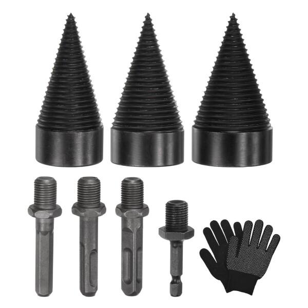 M METERXITY 3パック ウッドスプリッタードリルビット42mm + 45mm + 50mm + 4つ ハンドル（スクエア+ラウンド+六角シャンク+小さな六角）ファイアウッドログスプリッタードリルビット 手袋付き 屋外/ストーブ/農...