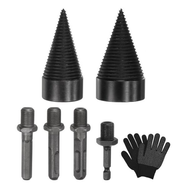 M METERXITY 2個セット ウッドスプリッタードリルビット42mm + 50mm + 4つ ハンドル（四角+丸+六角シャンク+小さな六角）ファイアウッドログスプリッタードリルビット 手袋付き 屋外/ストーブ/農場用(黒+グレー)商品...