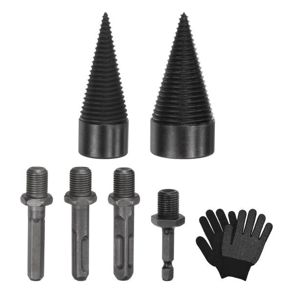 M METERXITY 2パック ウッドスプリッタードリルビット32mm + 42mm + 4つ ハンドル（スクエア+ラウンド+六角シャンク+小さな六角）ファイアウッドログスプリッタードリルビット 手袋付き 屋外/ストーブ/農場用(黒+グレ...