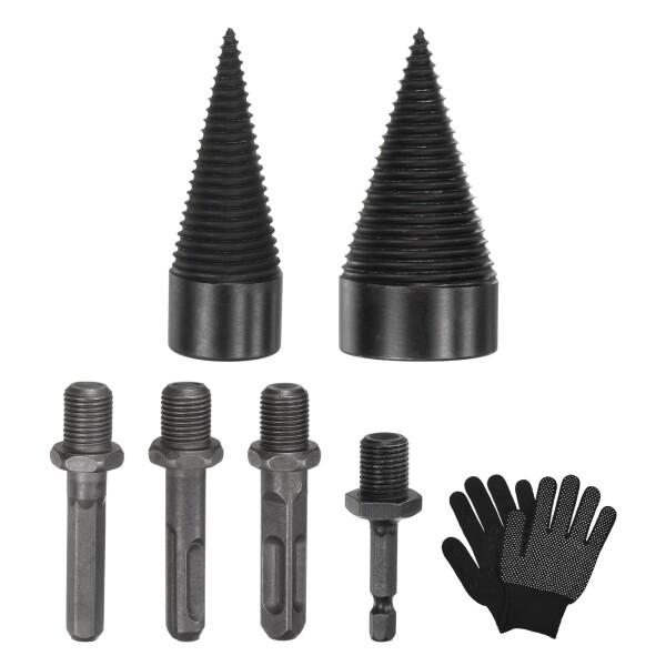 M METERXITY 2パック ウッドスプリッタードリルビット32mm + 45mm + 4つ ハンドル（スクエア+ラウンド+六角シャンク+小さな六角）ファイアウッドログスプリッタードリルビット 手袋付き 屋外/ストーブ/農場用(黒+グレ...