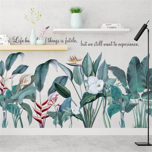 WOHAHA ウォールステッカー おしゃれ 植物 熱帯植物の葉 北欧 モノトーン 緑 景色 life had a lot of things is futile we still want to experience 英語 ウォールシール ...